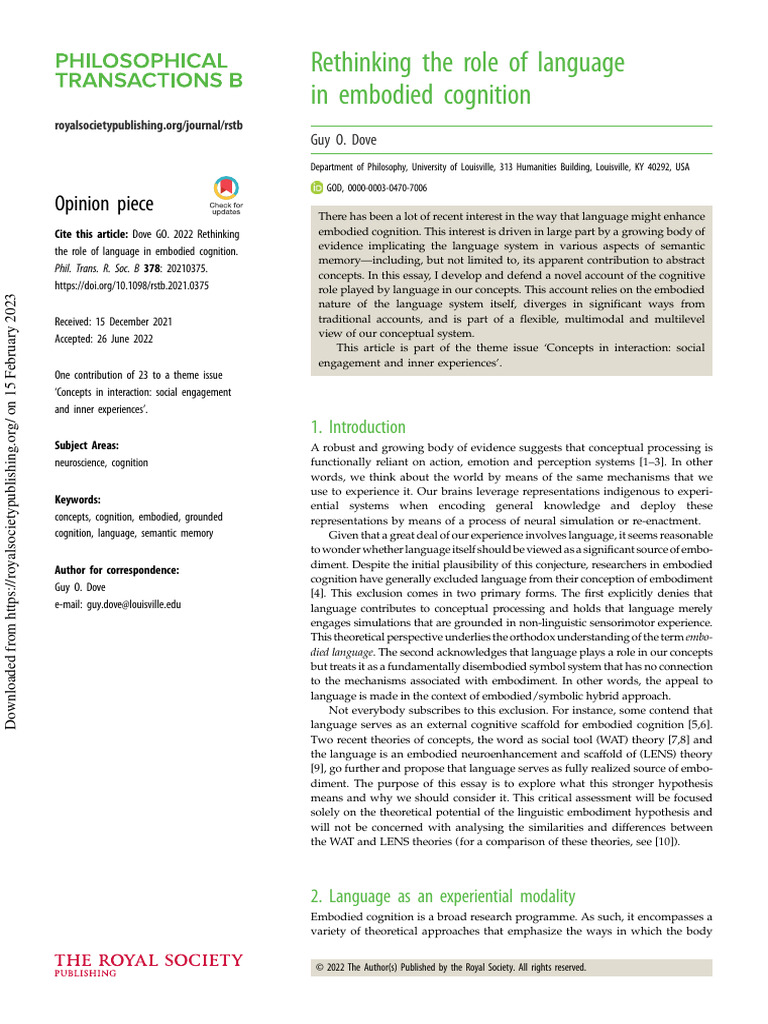 DOVE (2022) Rethinking The Role of Language IN EMBODIED COGNITION | PDF ...