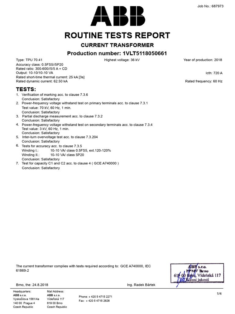 Routine Tests Report: Current Transformer Production Number ...