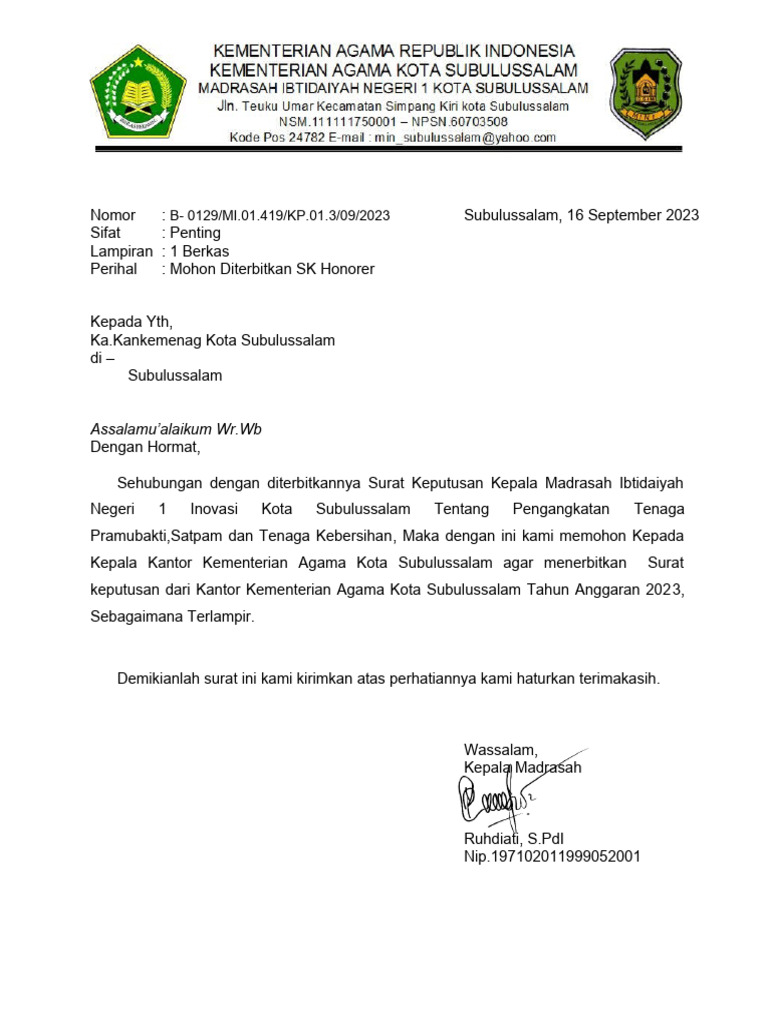 Surat Permohonan Dikeluarkannya SK Kemenag | PDF