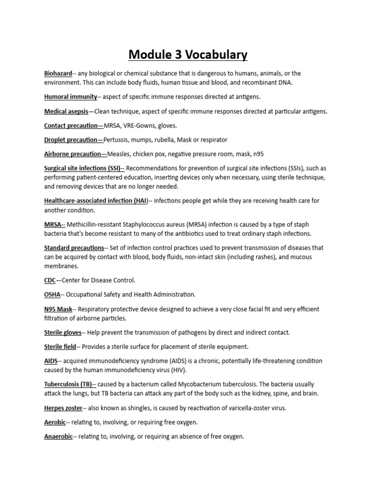 Unit 1, Module 3 Vocab | PDF | Infection | Methicillin Resistant ...