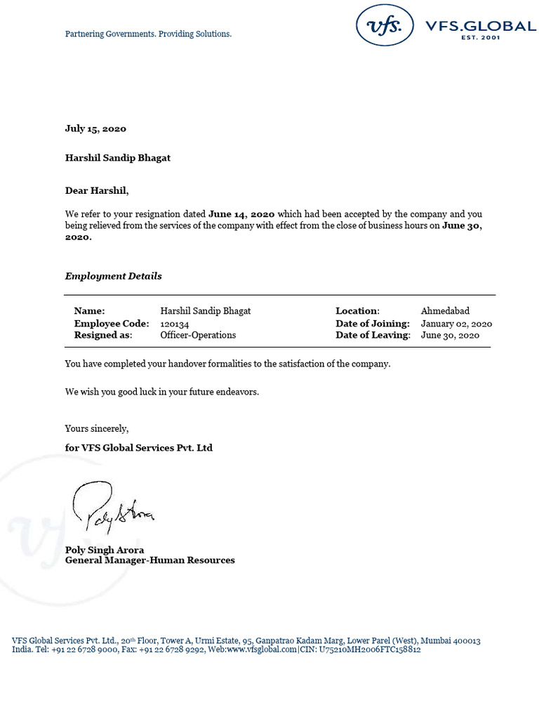 Vfs Experience Letter | PDF