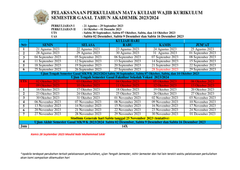 Kalender Akademik MKWK Semester Gasal Ta 2023-2024 | PDF