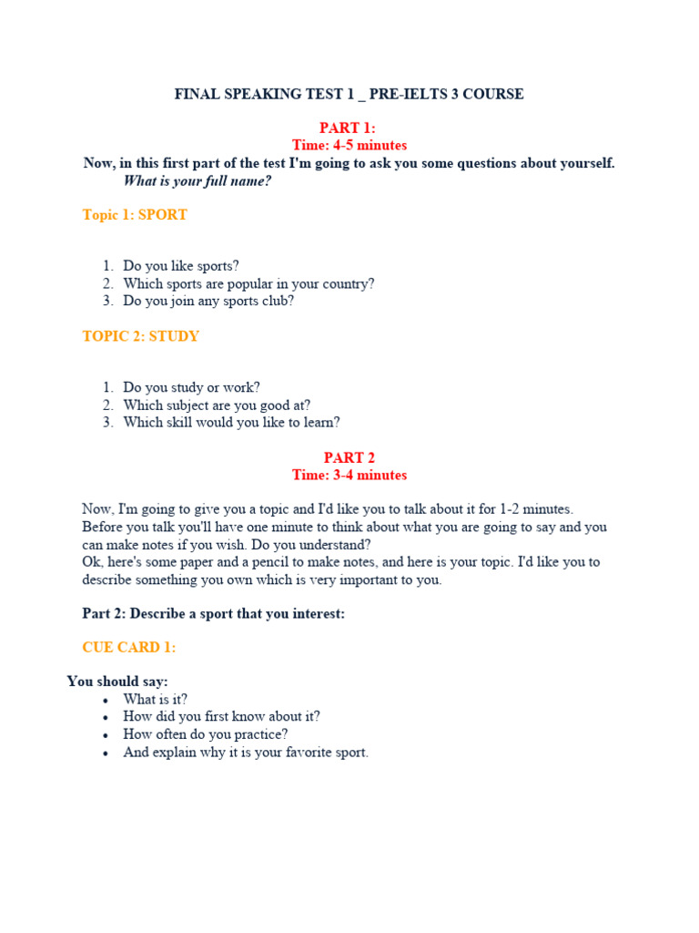2 BẢN - FINAL SPEAKING TEST - Pre-IELTS | PDF