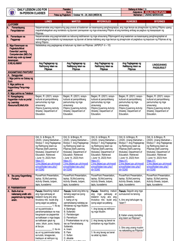 G5 Q1W8 DLL AP MELCs | PDF
