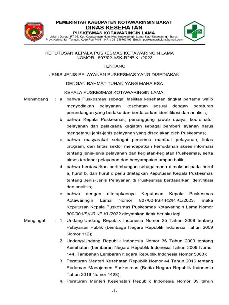 SK Kapus Tentang Jenis-Jenis Pelayanan Yang Disediakan Puskesmas | PDF | Pengembangan Diri ...