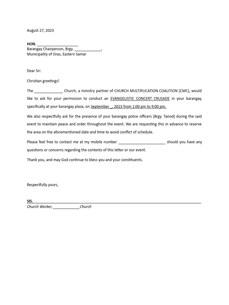 Letter Requesting Permission To Use Barangay Plaza | PDF