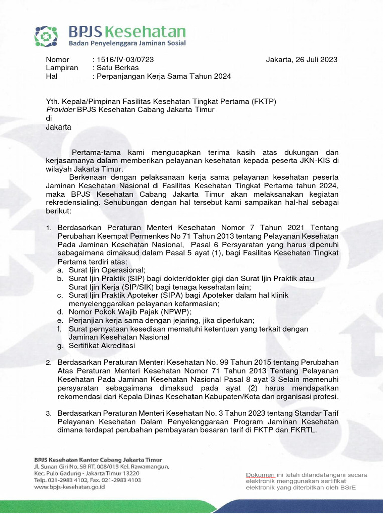 1516.FKTP - Surat Perpanjangan Kerja Sama Tahun 2024 | PDF