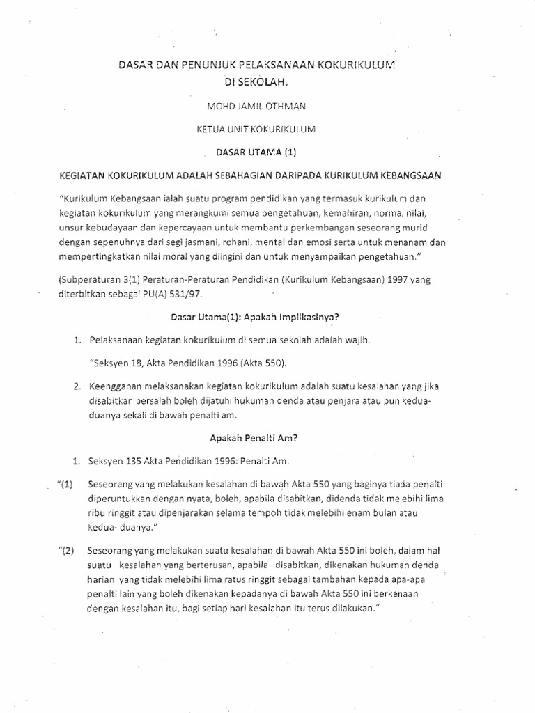 Dasar Dan Penunjuk Pelaksanaan Kokurikulum | PDF
