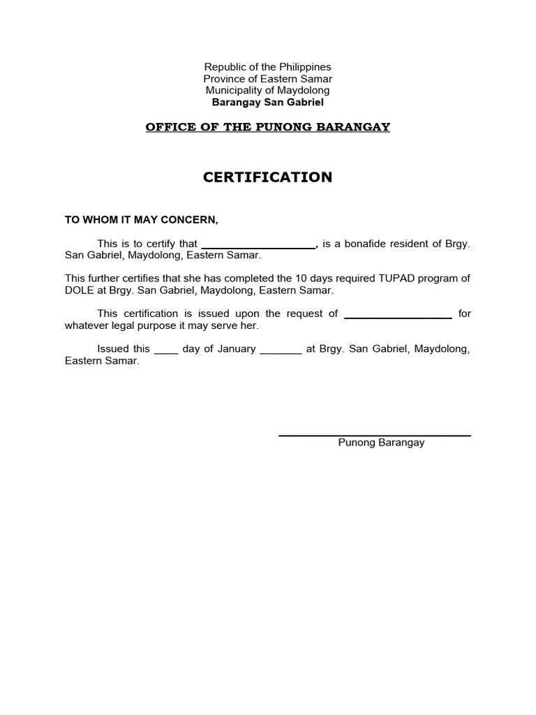 Barangay Certification TUPAD | PDF