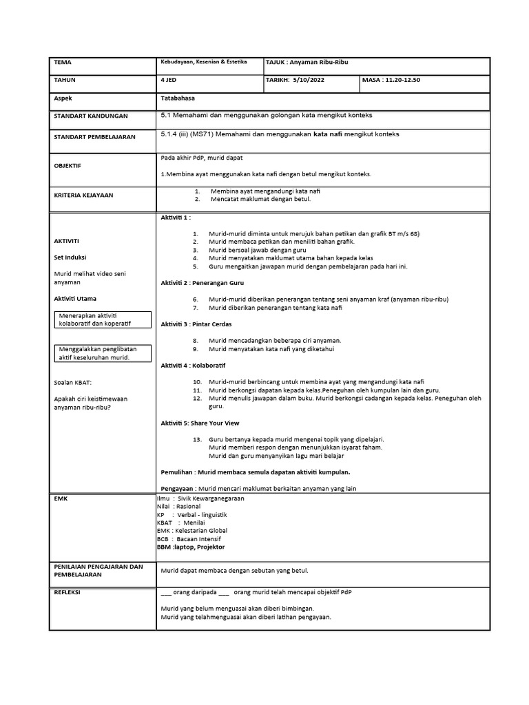RPH (Tema Kebudayaan) Anyaman Ribu-Ribu | PDF