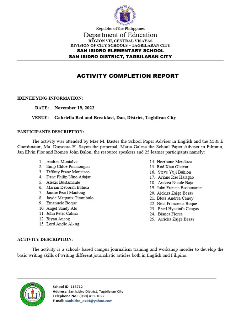 Activity-Completion-Report School Based Campus Journalism | PDF