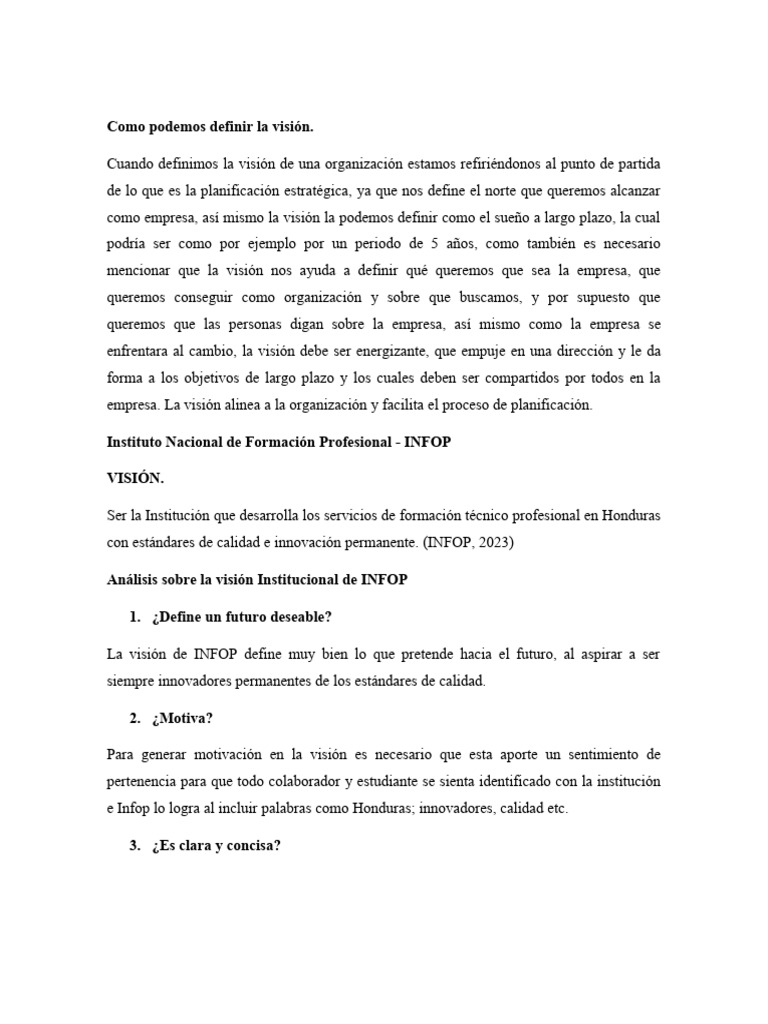 Definición y Análisis de la Visión INFOP | PDF | Planificación | Business