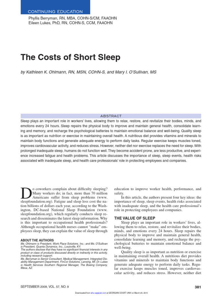 The Costs of Short Sleep | PDF | Sleep | Circadian Rhythm