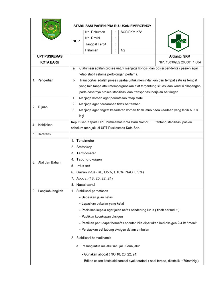 Sop Stabilisasi Pasien Pra Rujukan Emergency | PDF