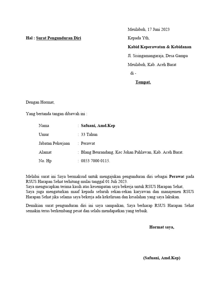 Contoh Surat Pengunduran Diri Perawat | PDF