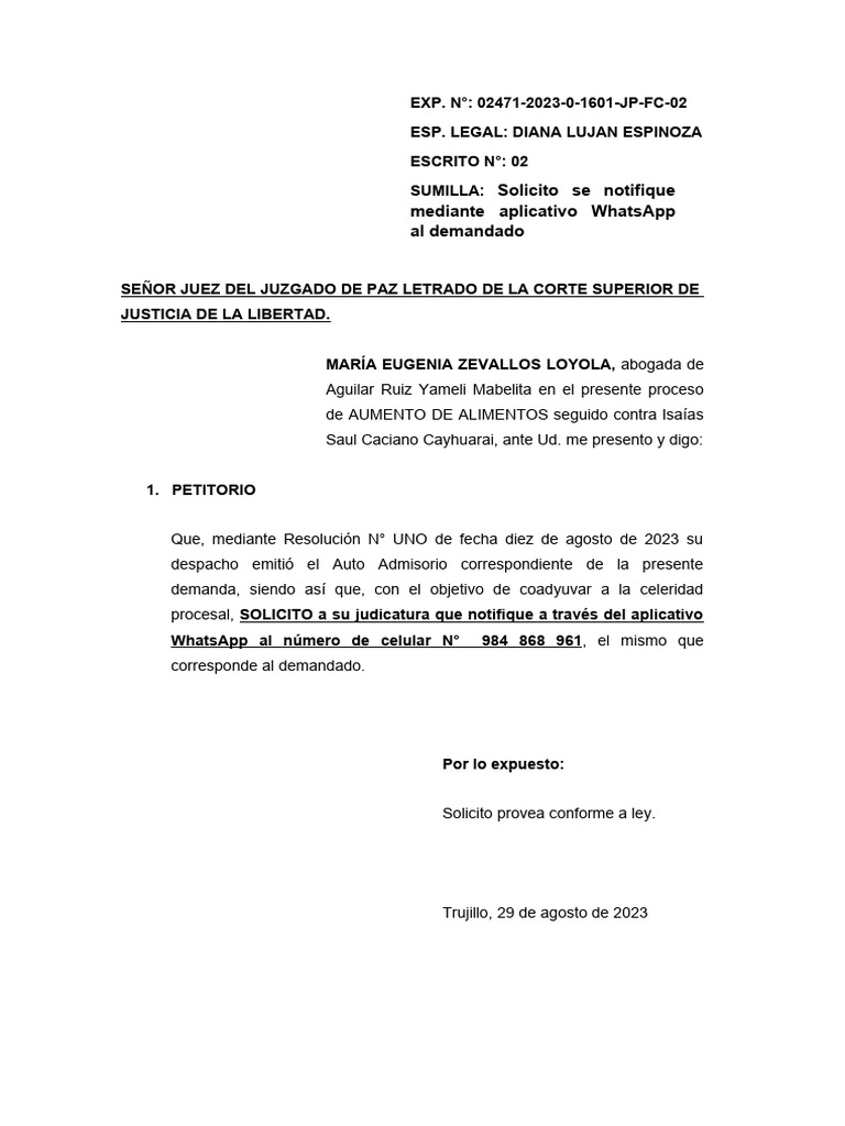 Solicito Se Notifique Mediante Aplicativo Whatsapp Al Demandado | PDF