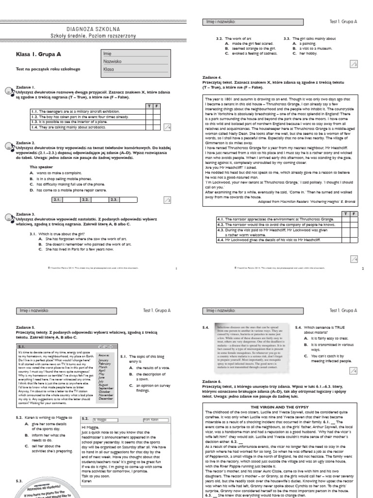 Diagnoza Wstępna Klasa I | PDF | Wuthering Heights