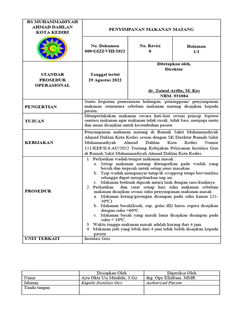 Prosedur Penyimpanan Makanan Matang RS Muhammadiyah | PDF