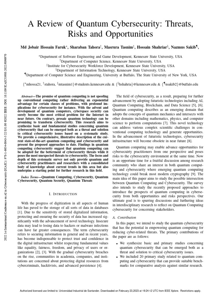 A Review of Quantum Cybersecurity Threats Risks and Opportunities | PDF | Cryptography | Security