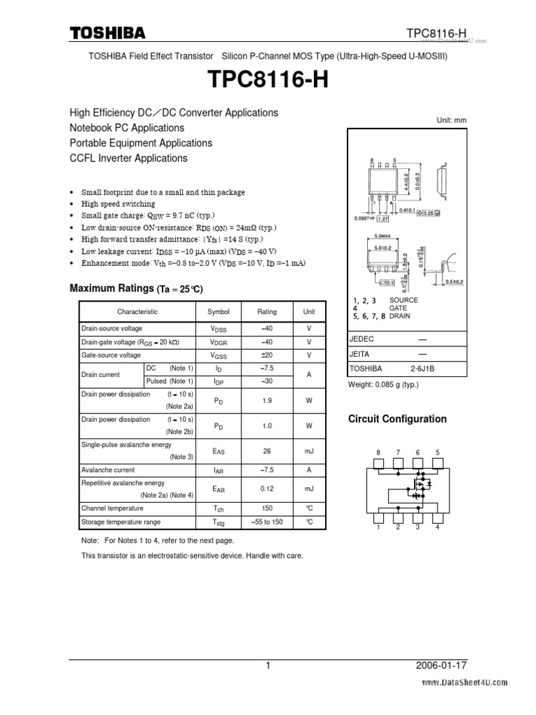 Datasheet - TPC8116-H ToshibaSemiconductor | PDF | Field Effect Transistor | Mosfet