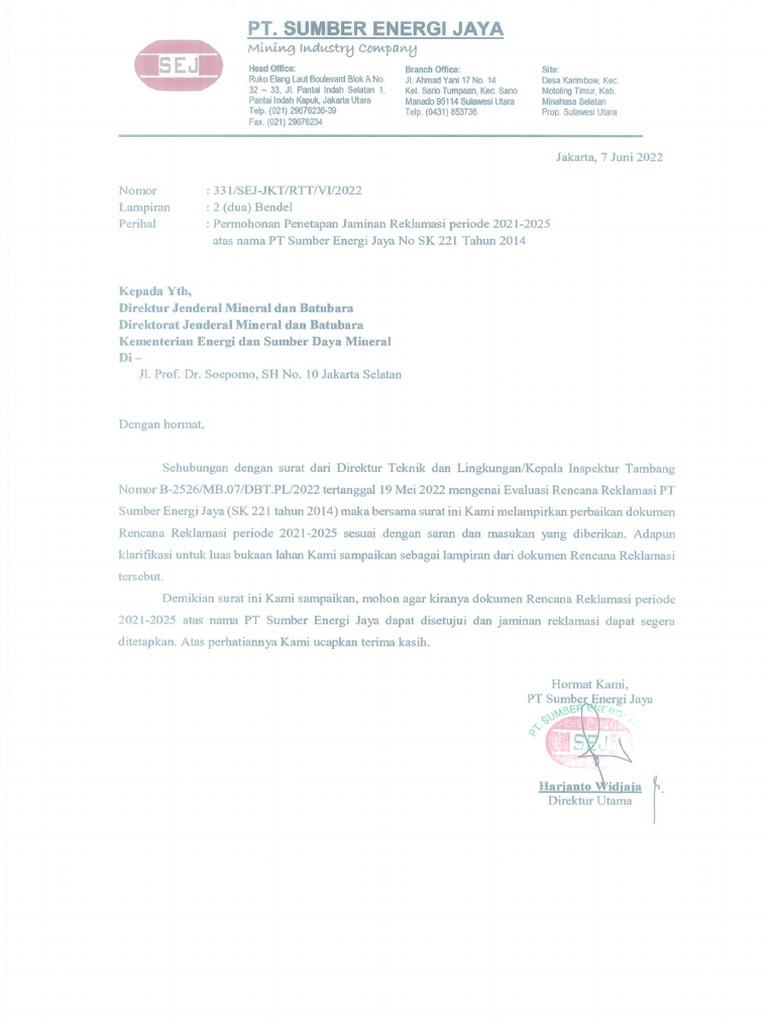 Surat Pengantar Rencana Reklamasi (2022-2026) PT Sumber Energi Jaya | PDF