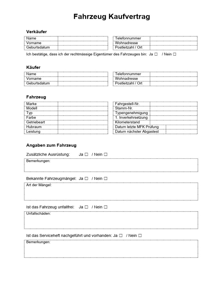 Kaufvertrag Defektes Auto Vordruck