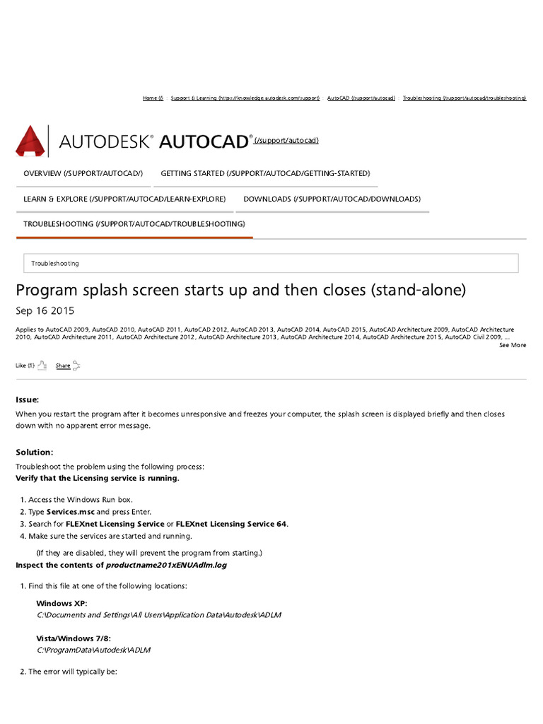 Program Splash Screen Starts Up and Then Closes (Stand-Alone) - AutoCAD - Autodesk Knowledge ...