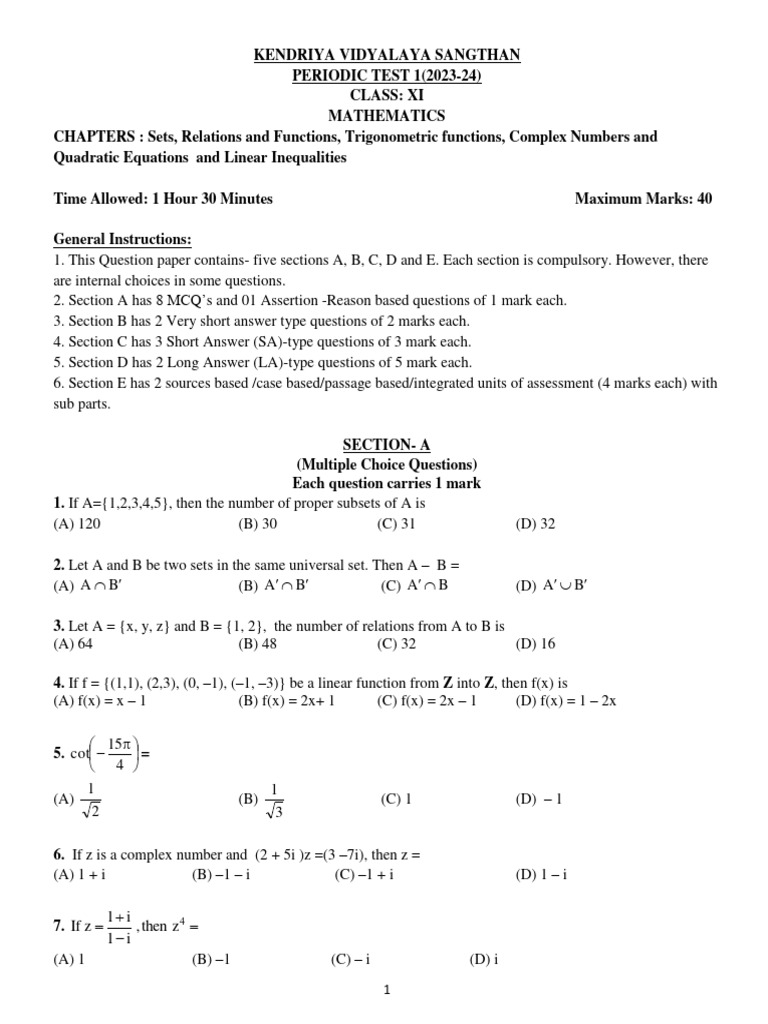 Practice Paper Class Xi Maths PT 1 2023-24 | PDF | Function (Mathematics) | Complex Number