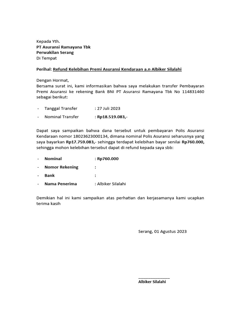 08 - Draft Surat Pengajuan Refund Kelebihan Bayar Premi Albiker | PDF 08 - Draft Surat Pengajuan Refund Kelebihan Bayar Premi Albiker | PDF