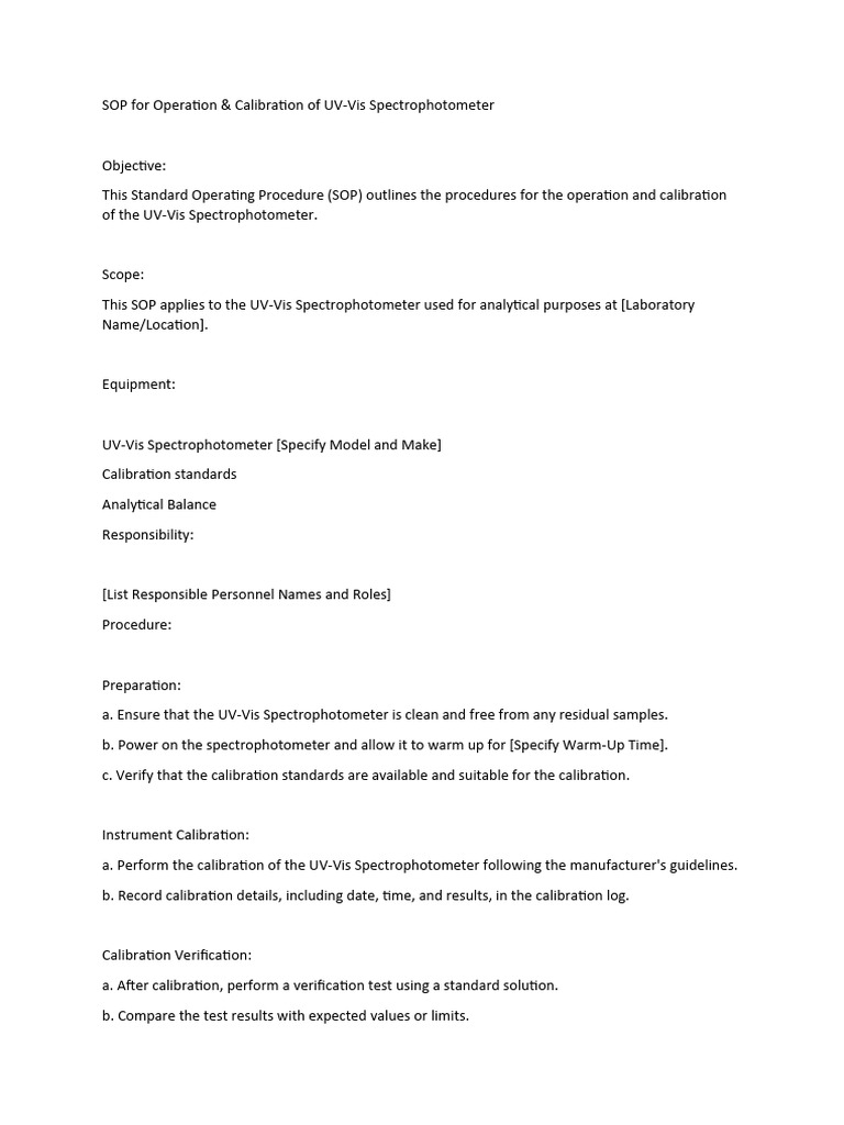 SOP For Operation & Calibration of UV-Vis Spectrophotometer | PDF