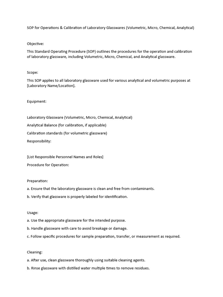 SOP for Operations & Calibration of Laboratory Glasswares (Volumetric ...