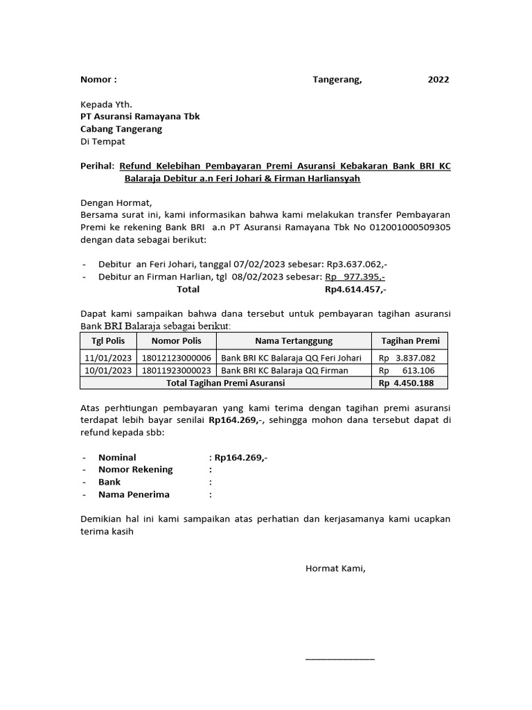02 - Draft Surat Refund Kelebihan Bayar Bank BRI Balaraja | PDF
