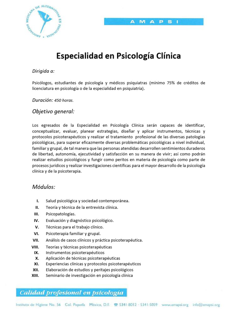 Especialidad en Psicología Clínica 21082023 | PDF | Trastorno mental | Psicoterapia