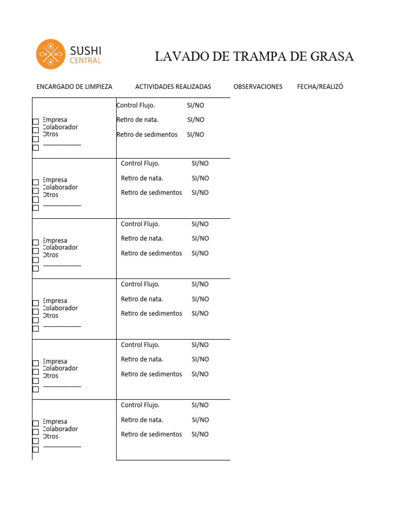 Check List Limpieza de Trampa de Grasa | PDF Check List Limpieza de Trampa de Grasa | PDF