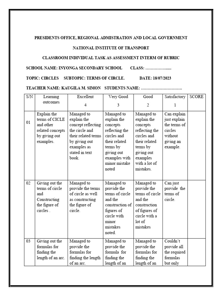 Rubric | PDF | Learning | Cognition