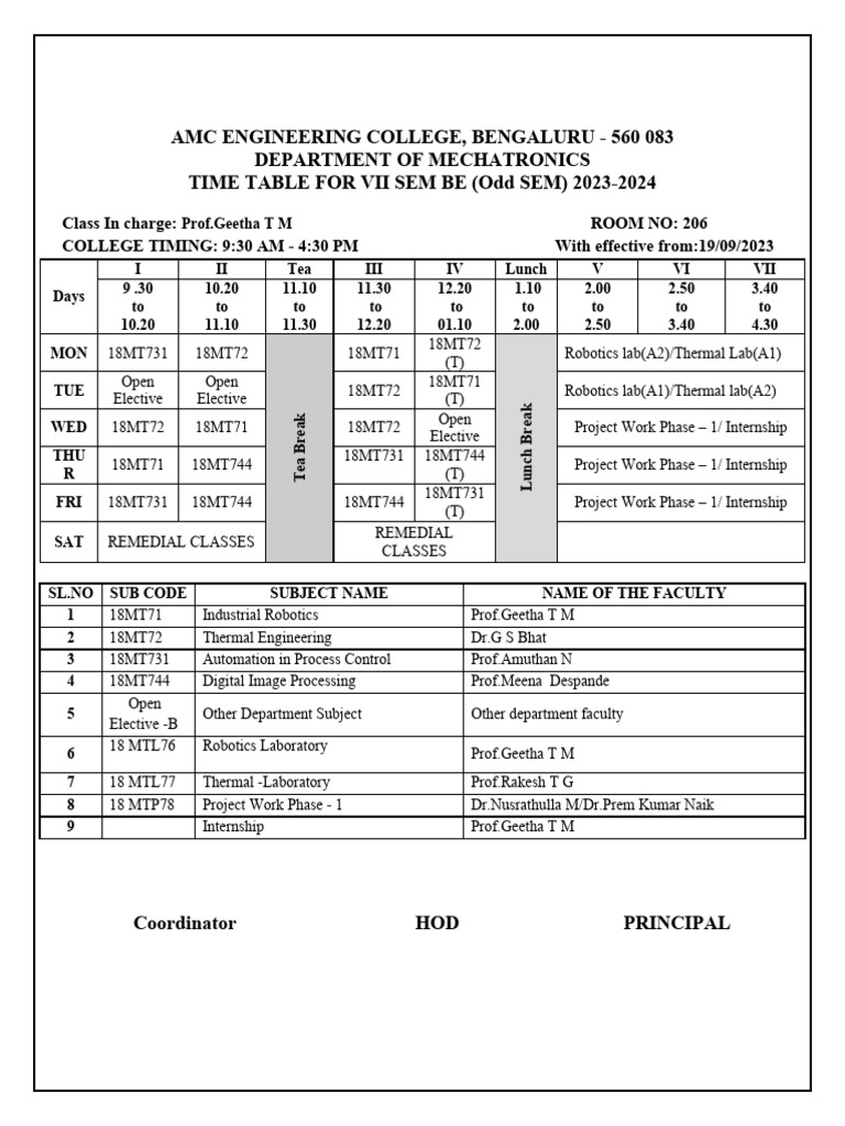 Odd Sem Class Time Table 2023-24 | PDF | Mechanical Engineering | Engineering