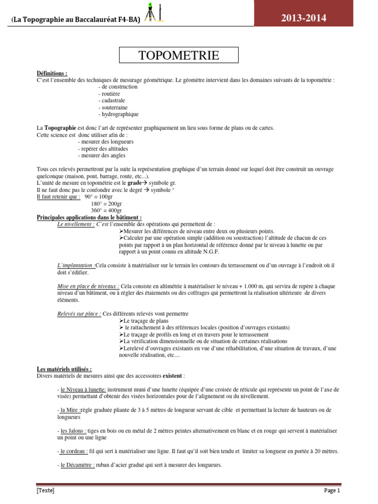 COURS TOPO 2014 TF4x | PDF | Ingénierie civile | Géométrie
