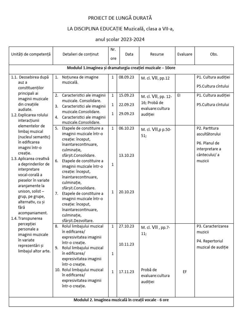 Proiect de Lunga Durata La Ed. Muzicala Clasa A VII | PDF