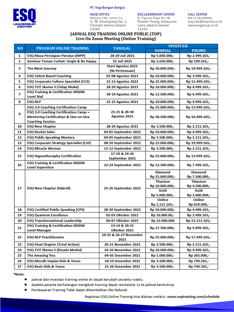 Jadwal ESQ TOP (Training Online Public) | PDF