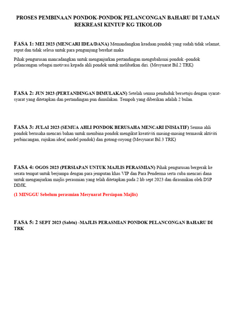 Fasa Pembangunan Pondok Pelancongan TRK 2023 | PDF