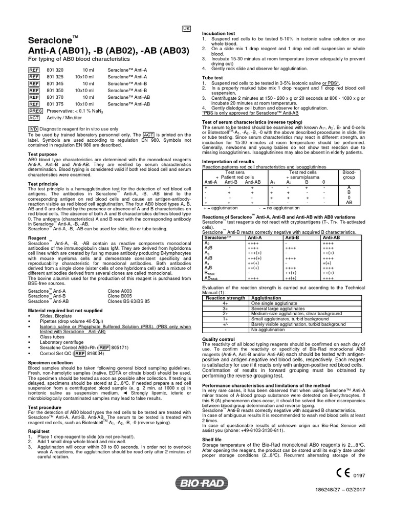 Seraclone Anti A B AB | PDF | Animal Anatomy | Cell Biology
