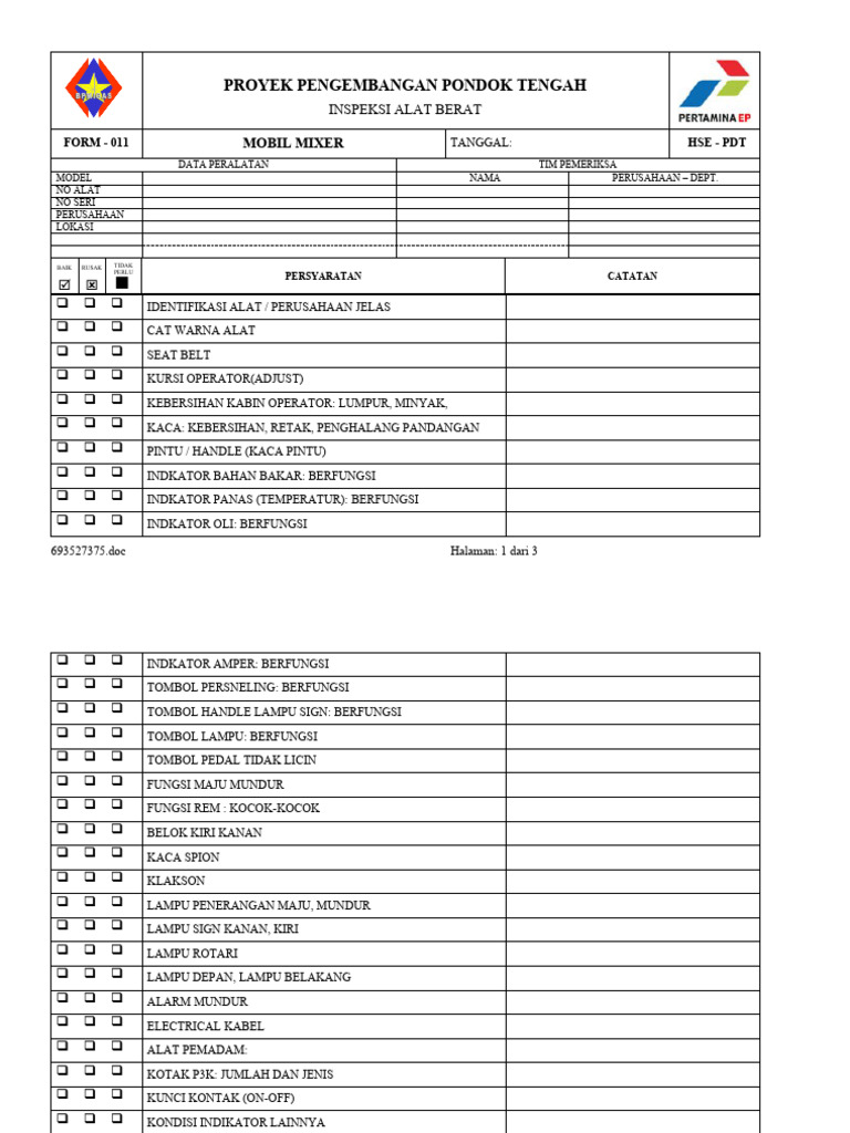 Form-011-Inspeksi-Mobil Mixer | PDF