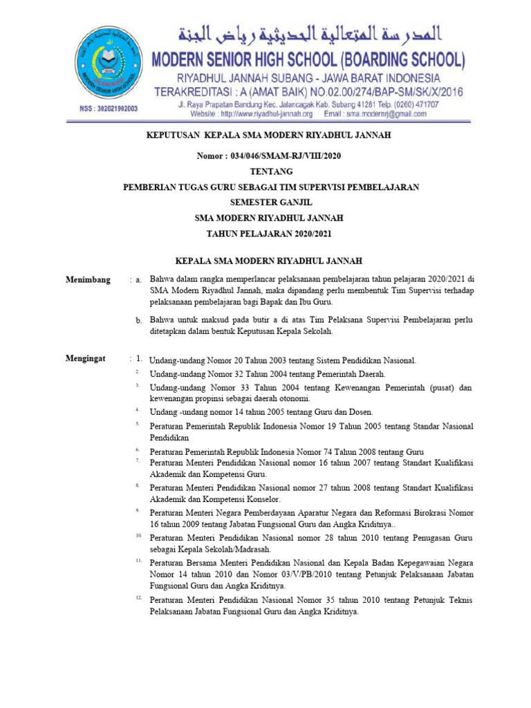 SK - Pembagian Tugas Dan Hasil Supervisi 2020-2021 | PDF