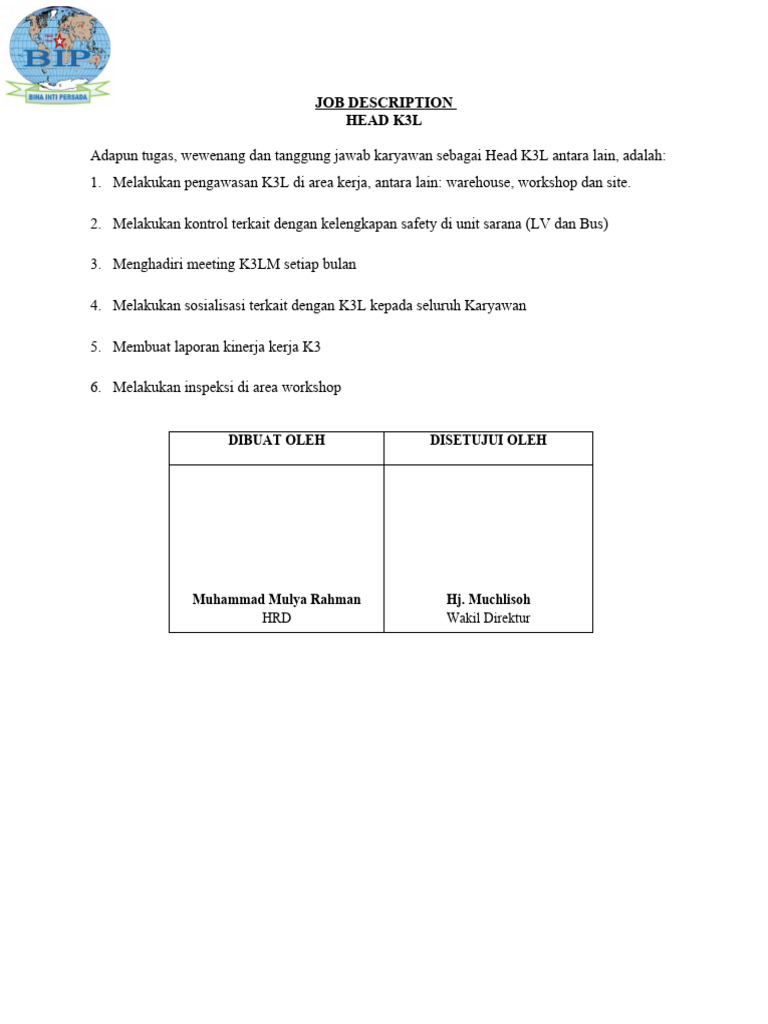 Deskripsi Kerja Kepala K3L | PDF | Karier & Perkembangan | Bisnis
