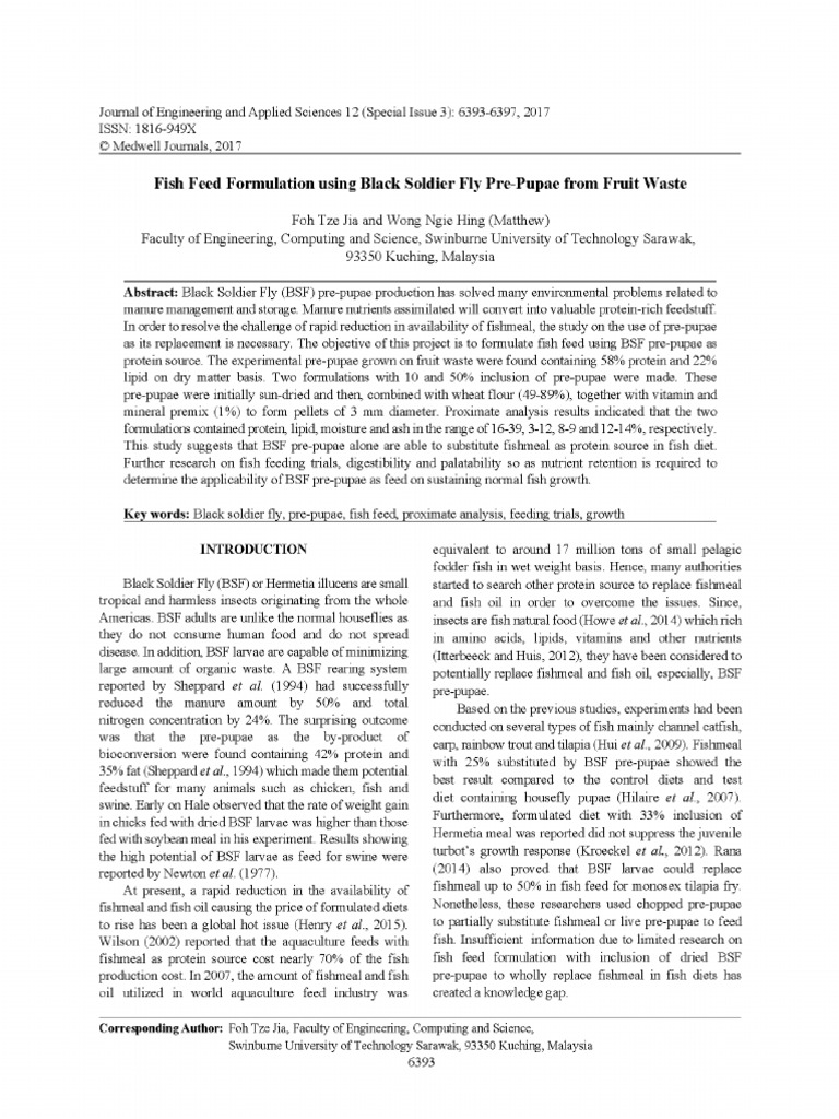 Fish Food Formulation Using BSF | PDF