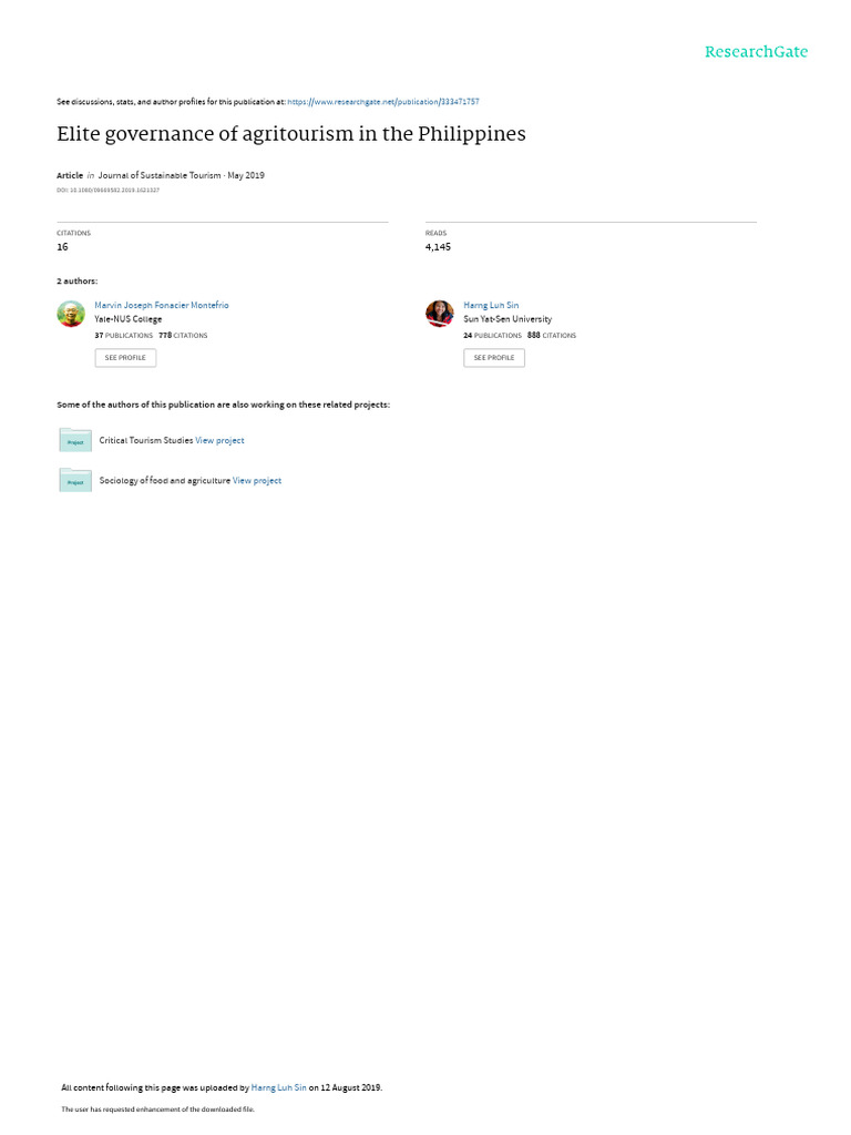 Elite Governance of Agritourism in The Philippines: Journal of ...