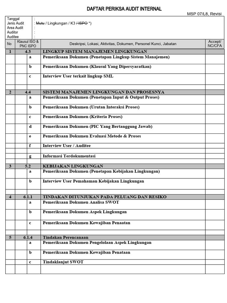 Daftar Periksa Audit Internal ISPO | PDF