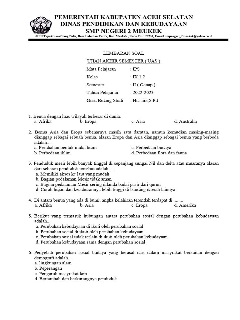 Soal Uas Kls Ix.1.2 Ips, Husaini .2023 | PDF