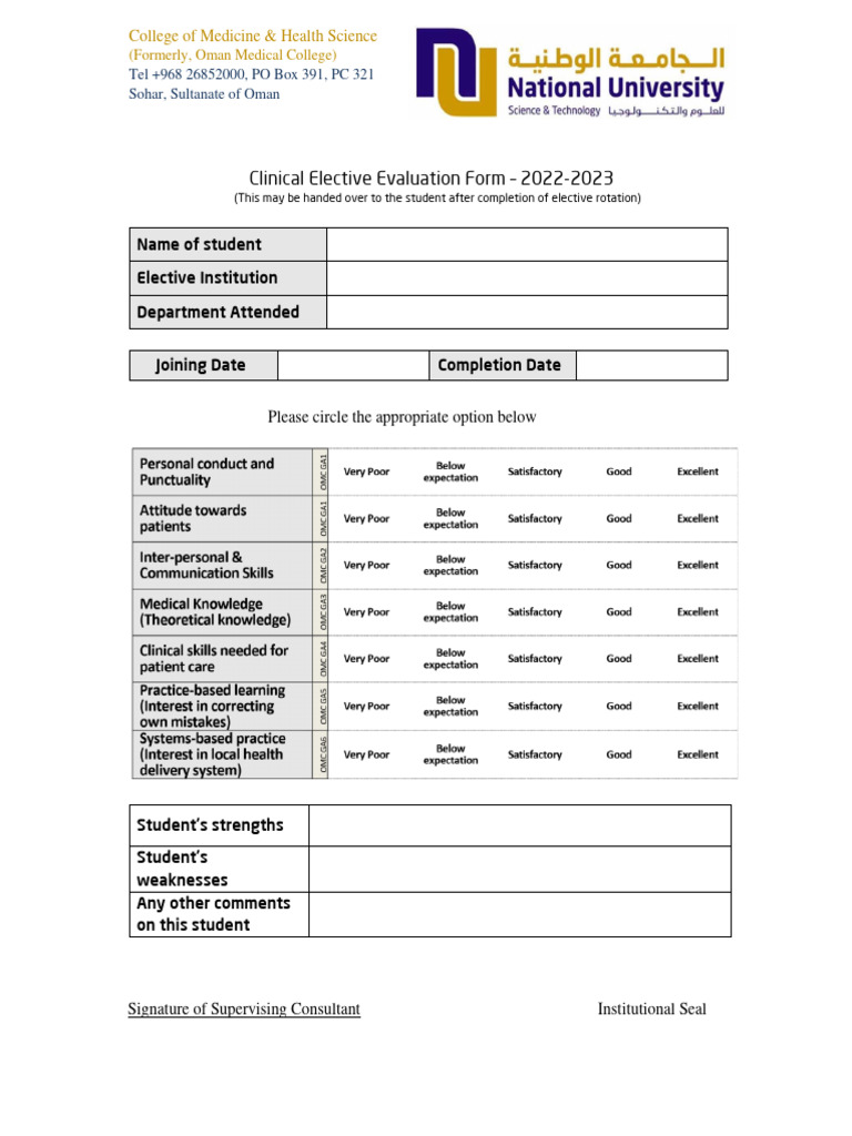 Clinical Elective Evaluation Form (2022-2023) | PDF