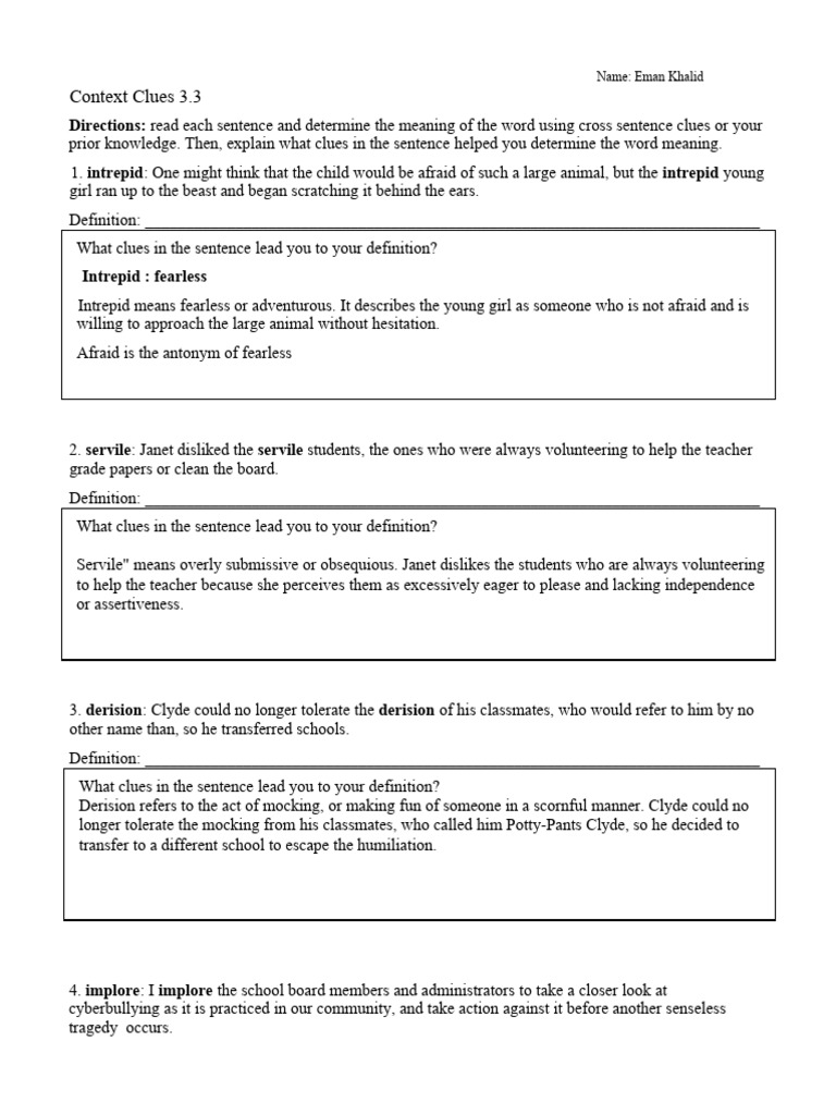 Context Clues Worksheet 3 3 | PDF